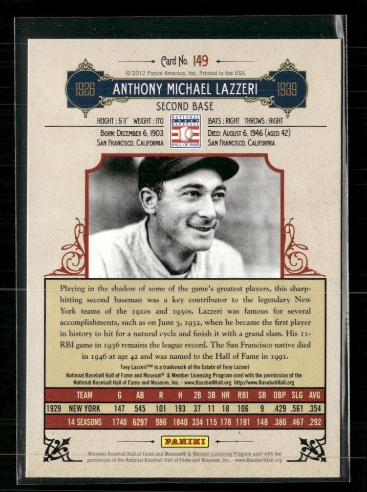 2012 Panini Cooperstown #149 Tony Lazzeri | eBay