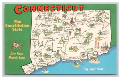 Connecticut State Cities Landmarks Map Travel Tourist Souvenir Vintage ...