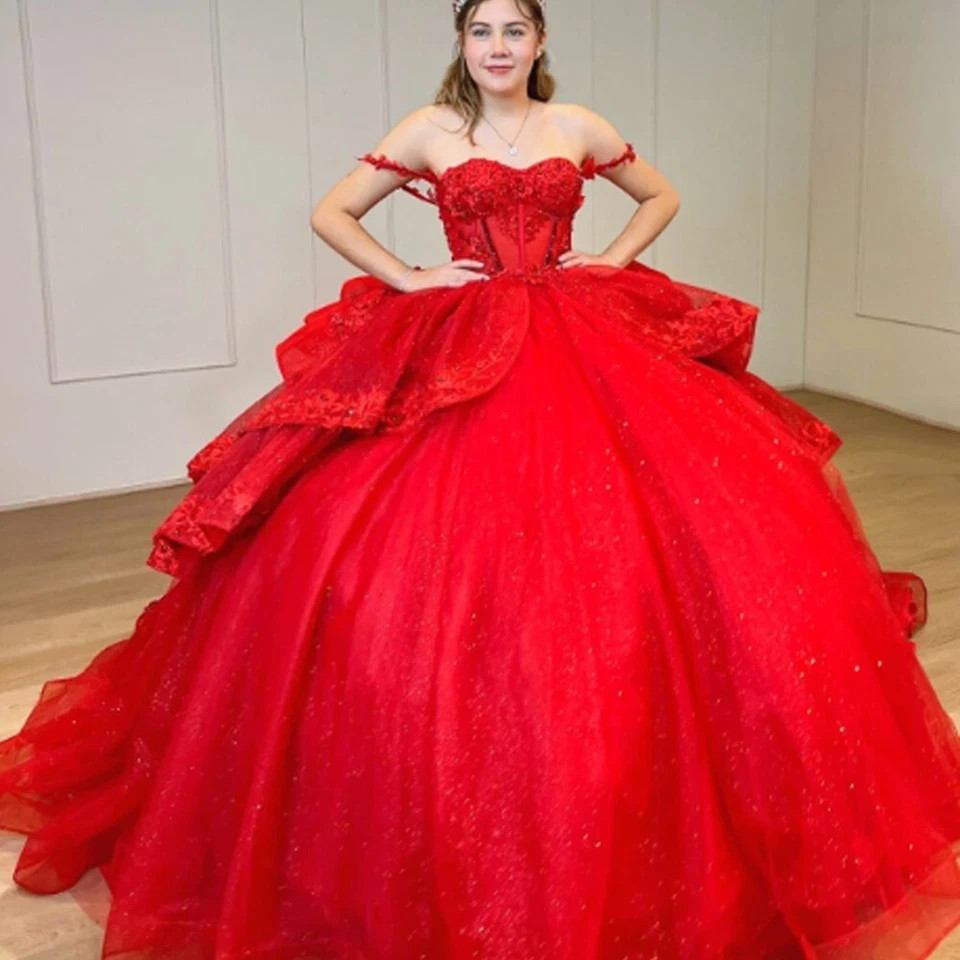 Princess Red Quinceanera Dresses Sweet 16 Off the Shoulder Party Prom ...