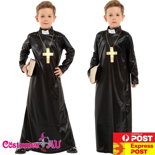 Kids Priest Costume Child Boys Black Robe Clerical Collar Monk Vicar ...