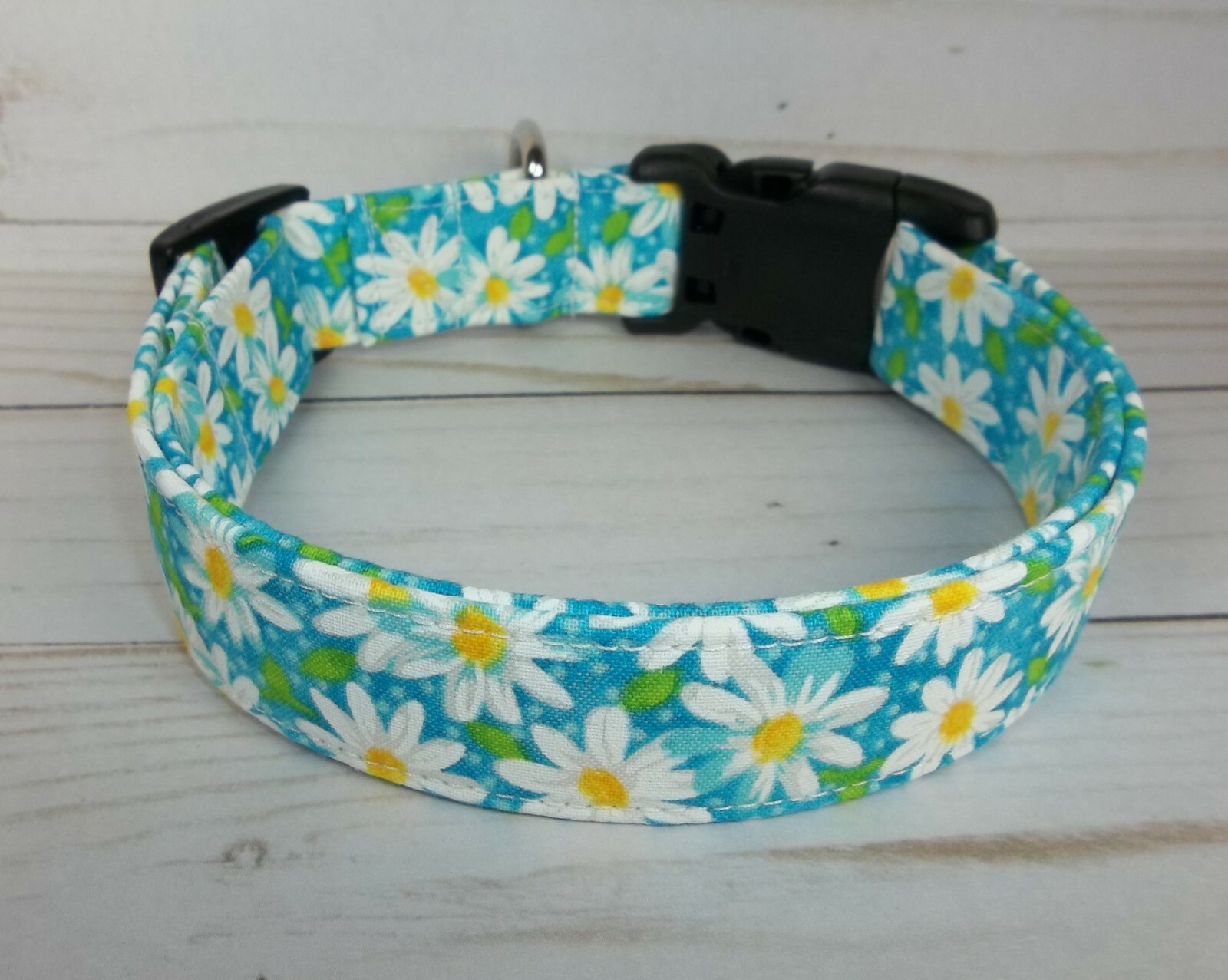 White Daisy Daisies flowers aqua fabric Terri's Dog Collars handmade ...