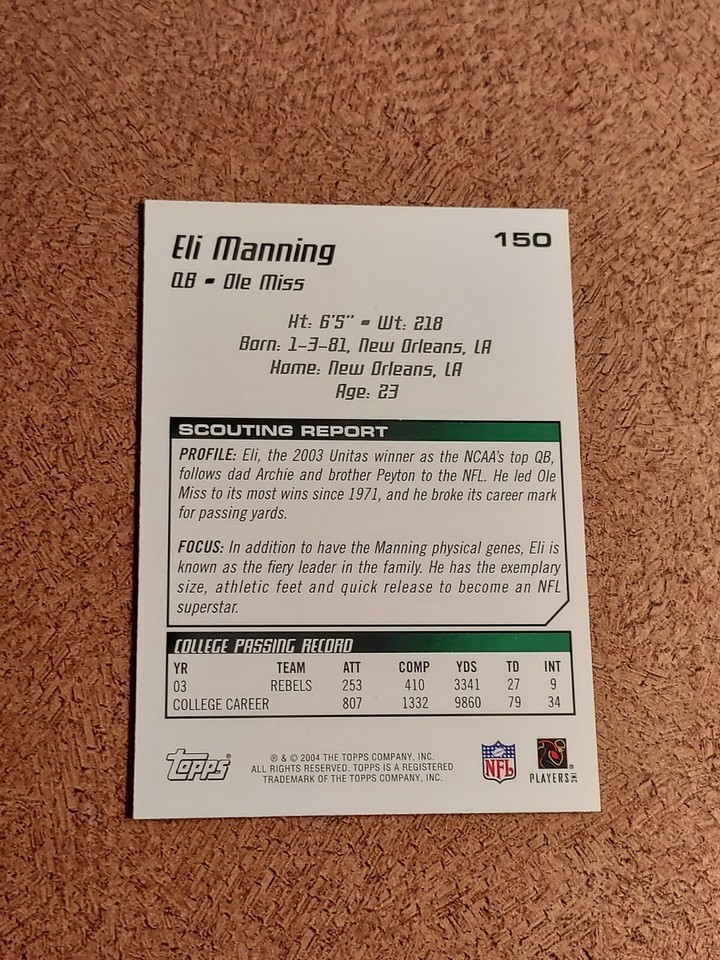 ELI MANNING 2004 TOPPS DRAFT PICKS ROOKIE CARD 150.GIANTS. | eBay