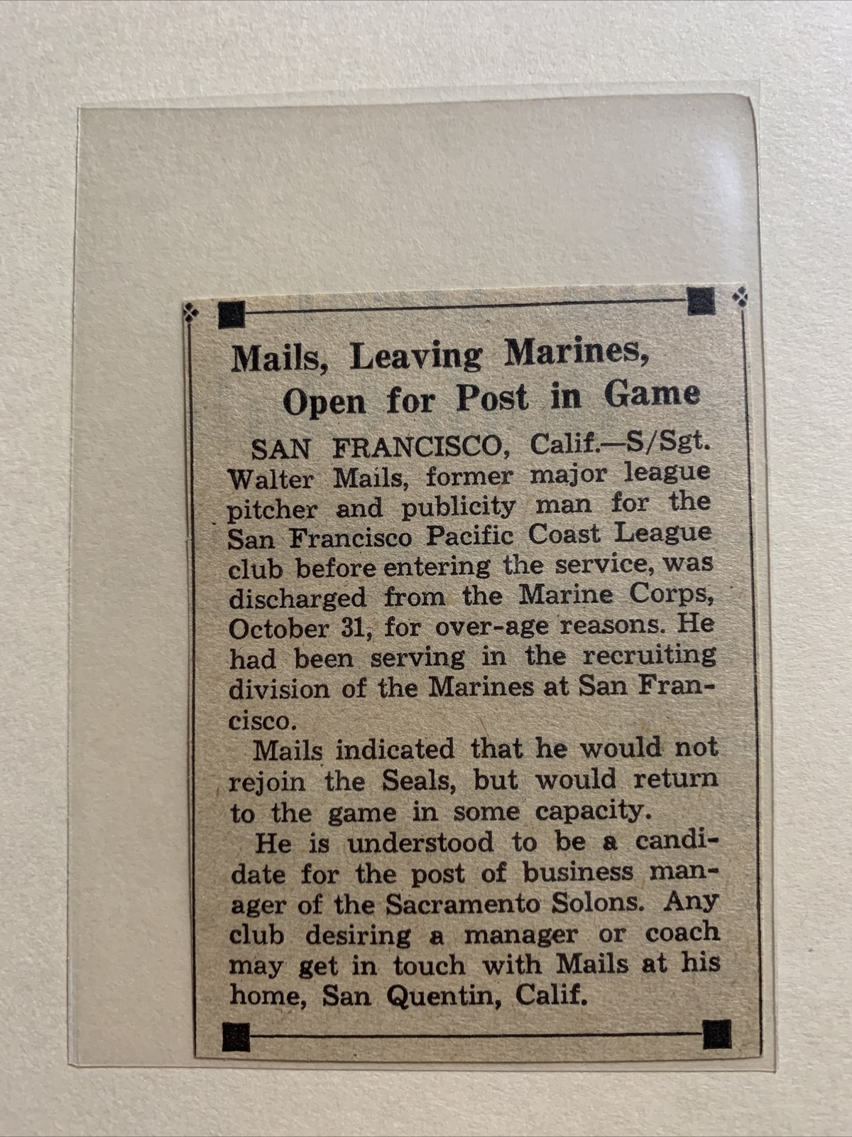 Duster Mails San Francisco Seals Marines 1944 Sporting News Baseball ...