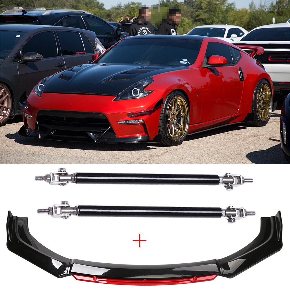 For Nissan 370Z 350Z Front Bumper Red Lip Splitter Glossy Black + Strut ...