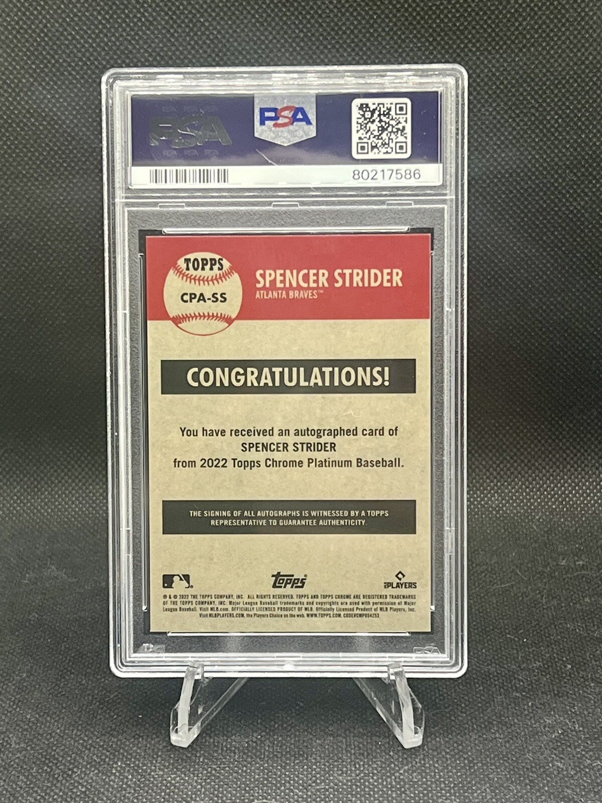 2022 Topps Chrome Platinum Anniversary Spencer Strider RC Auto PSA 10/ ...