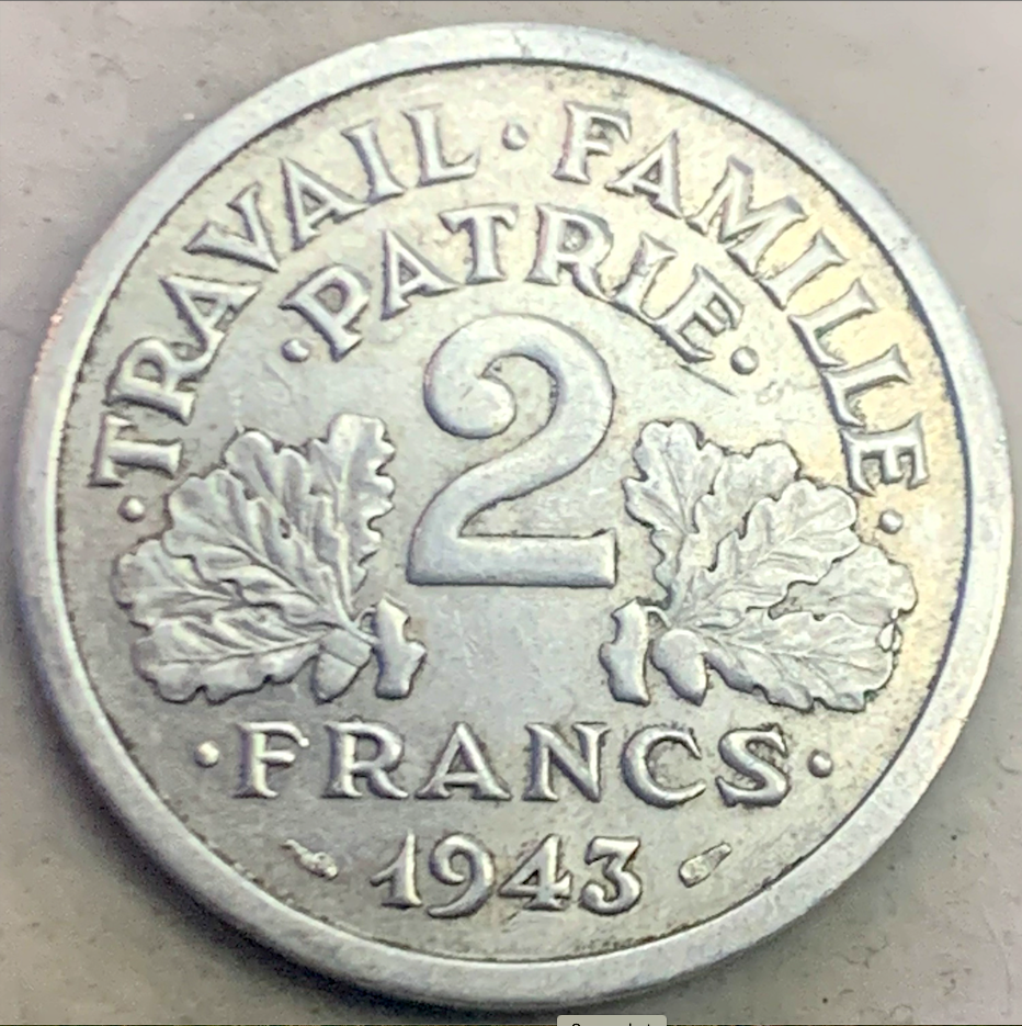 Historic 1943 2 Francs Coin - Smooth Edge - Vichy France | eBay