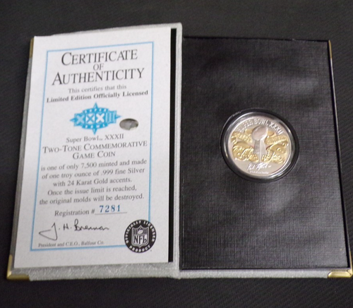 SUPER BOWL XXXII NFL 2-TONE .999 FINE SILVER 24K GOLD COMMEMORATIVE ...