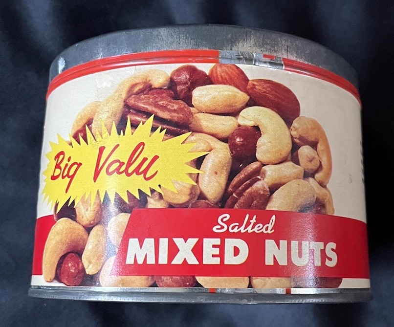 Vtg Big Valu Salted Mixed Nuts TIN Paper Label Super Valu Stores ...