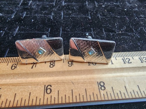 Vintage Cufflink Set Silver Tone Square Aquamarine Stone Used | eBay UK
