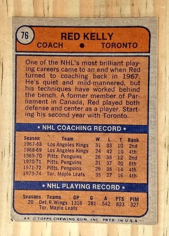 1974-75 TOPPS RED KELLY CARD#76 TORONTO MAPLE LEAFS DETROIT RED WINGS ...