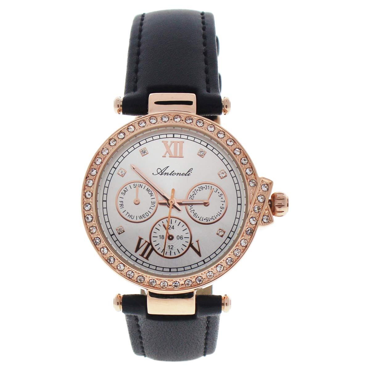 AL0519-08 Rose Gold /Black Leather Strap Watch by Antoneli for Women ...