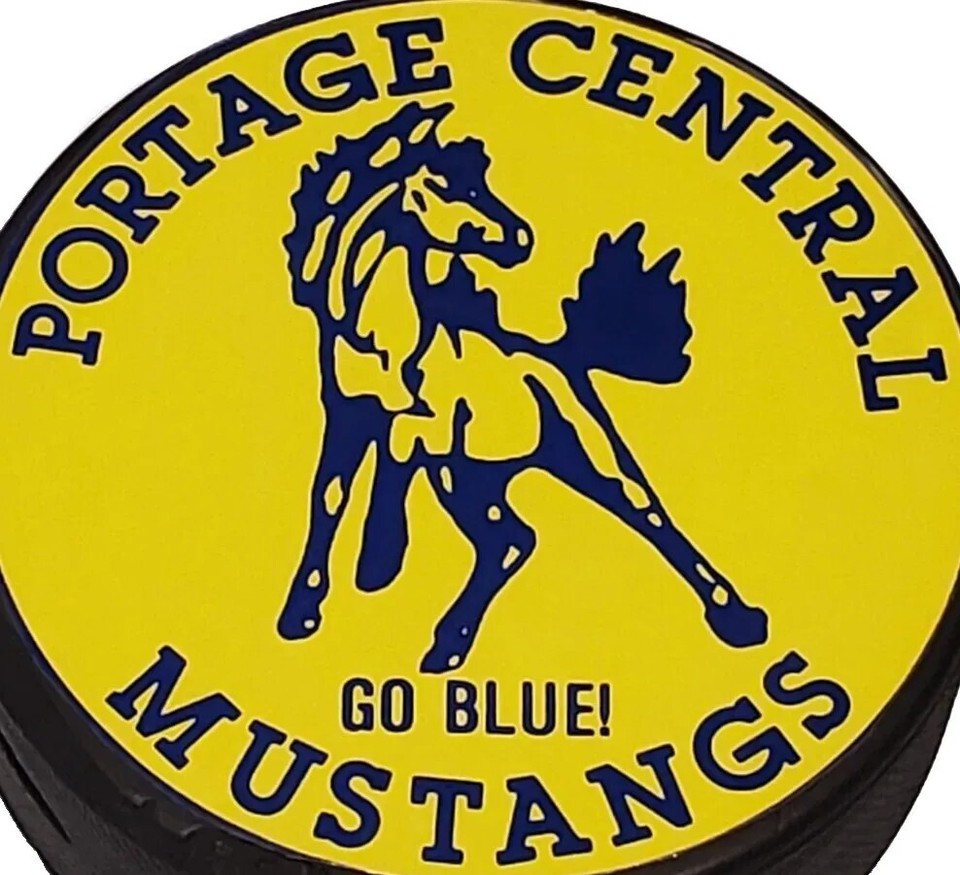 PORTAGE CENTRAL MUSTANGS VINTAGE PUCK STICKER LOGO & PAINTED GOAL ...