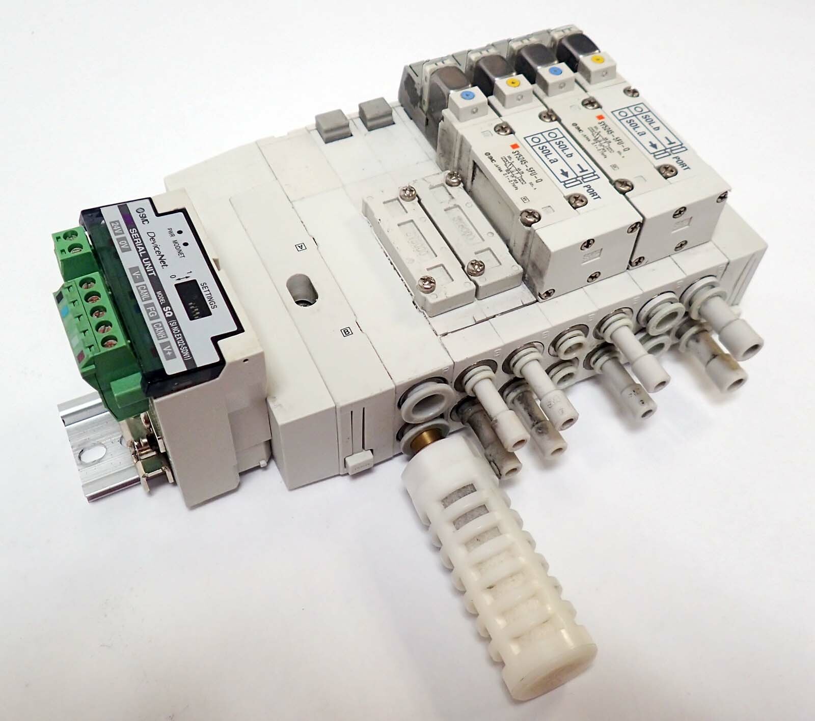 SMC DEVICENET SQ EX122-SDN1 24V w/ 2-SY5245-5FU-Q,MANIFOLD & MUFFLER ...