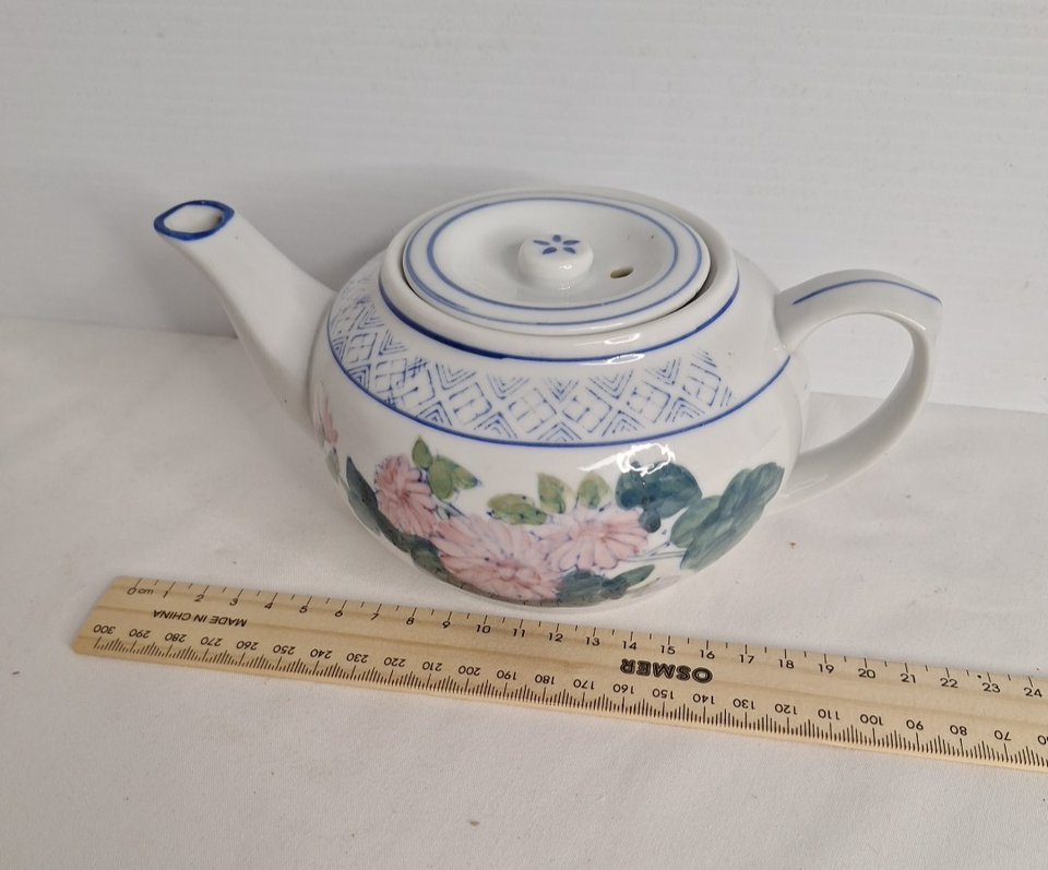 Vintage Chinese Porcelain Teapot Blue & White Pink Flower Teapot ...