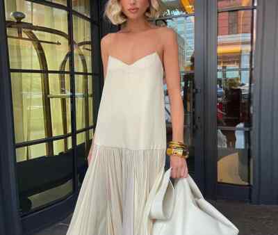 Beige Drop Waist Pleated Dress | eBay