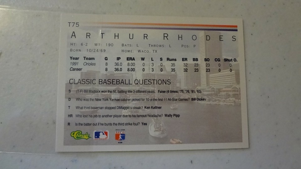 1992 CLASSIC #T75 ARTHUR RHODES BASEBALL CARD | eBay