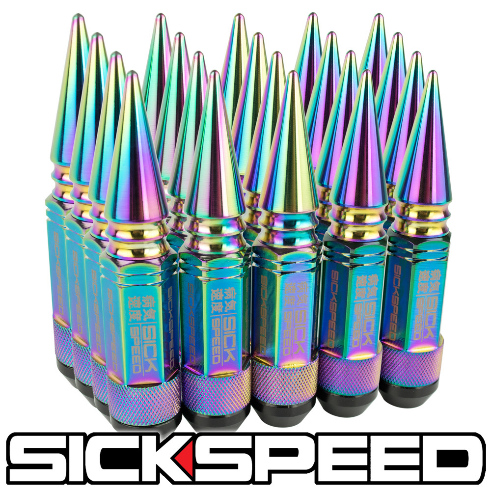 SICKSPEED 20 PC NEO CHROME SPIKED ALUMINUM EXTENDED 108MM 3 PC LUG NUTS ...