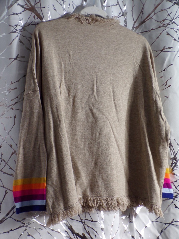 T H M L THML Tan Top Fringe Rainbow Striped Cuffs Size S Small | eBay