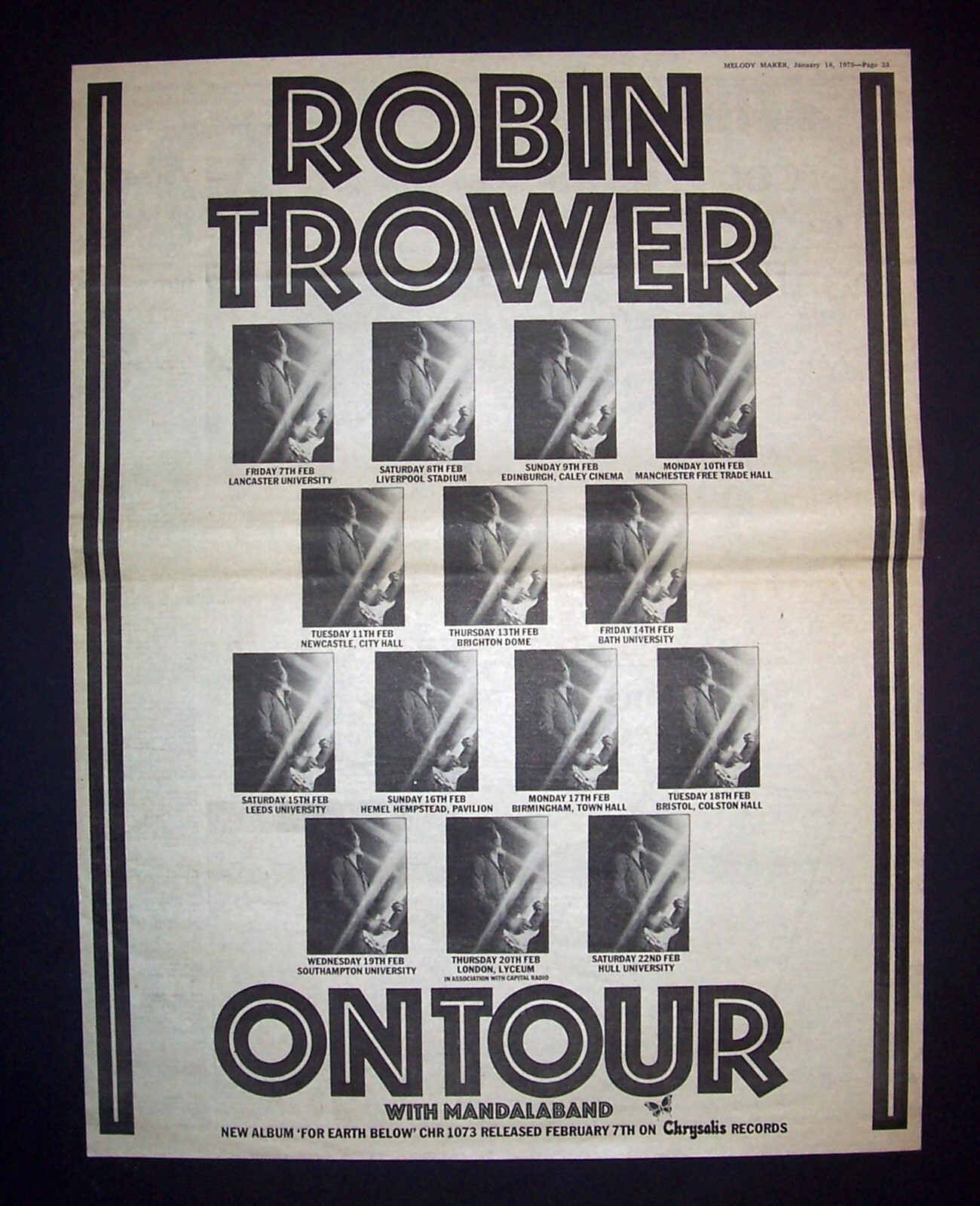 Robin Trower Earth Below Era, UK Tour 1975 Poster Type Ad, Promo Advert ...