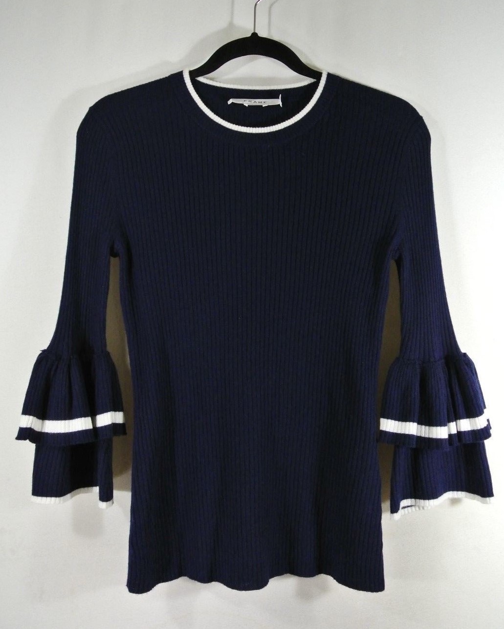 NEW FRAME Ruffle-Cuff Rib-Knit Wool Sweater in Navy - Size S #S939 | eBay