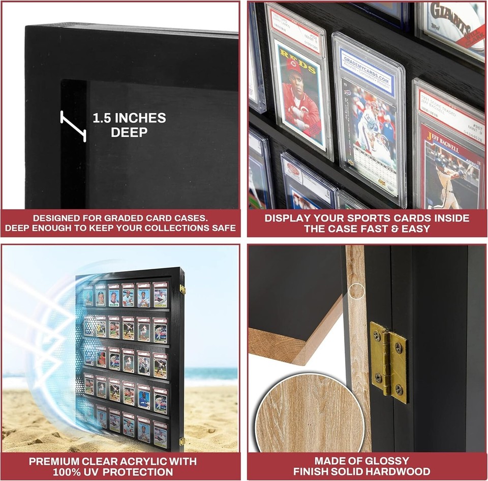 Graded Trading Card Display Case 35 Sport PSA Slabs Black Solid Wood ...