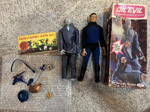 Vintage 1966 Ideal Captain Action & Dr. Evil Lot w/ Box, RARE Sun Medallion