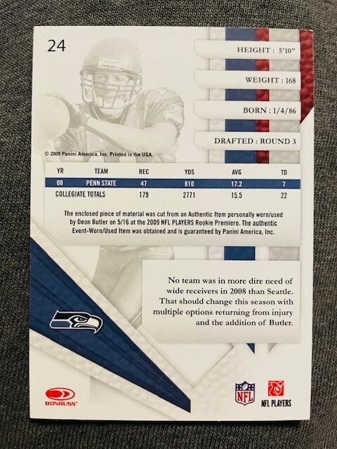 2009 Playoff Absolute Memorabilia Deon Butler Rookie RC Jersey Relic ...