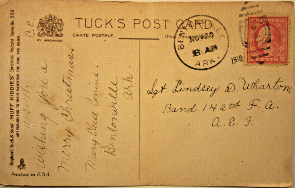 1918 TUCK'S POST CARD, from Bentonville, ARK. "...merry Christmas..." 5 ...