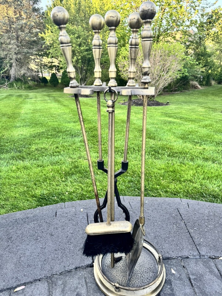 VTG Cast Metal Heavy 14.1 Lb Solid 5-Pc Fireplace Tool & Stand Set 31 ...