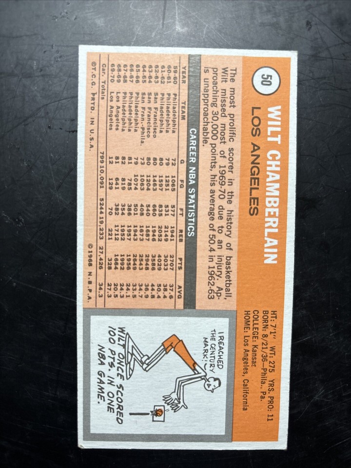 1968 Topps #50 Wilt Chamberlain Los Angeles Lakers basketball card | eBay
