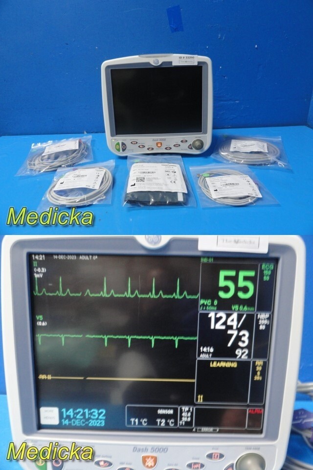 GE Dash 5000 Patient Monitor W/ NEW Leads (ECG, Masimo SpO2, TEMP, NBP ...