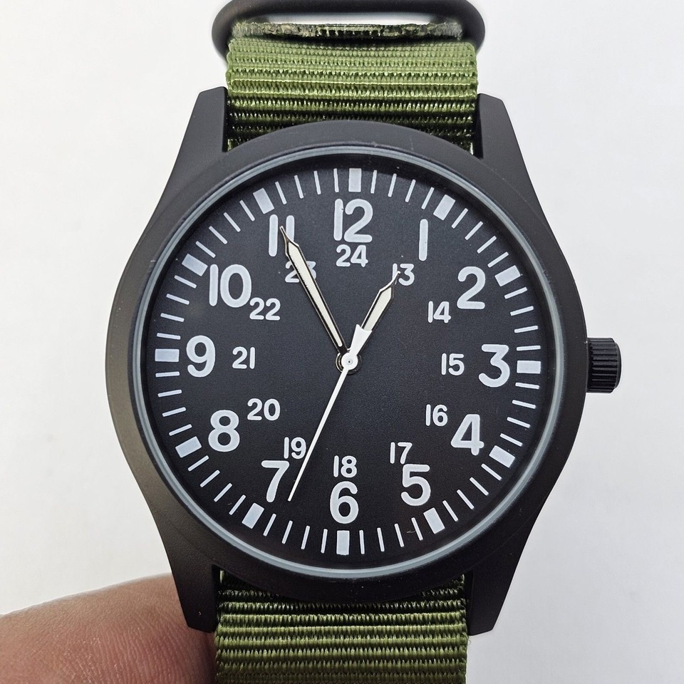 Men's Field Easy Read Watch 42MM Black Dial Army Green Nylon Band Strap ...
