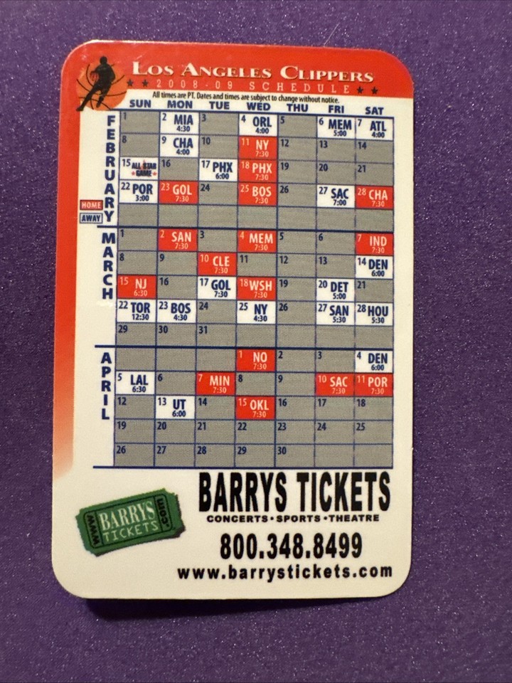 2008-09 Los Angeles Clippers Basketball Pocket Schedule BARRYS TICKETS ...