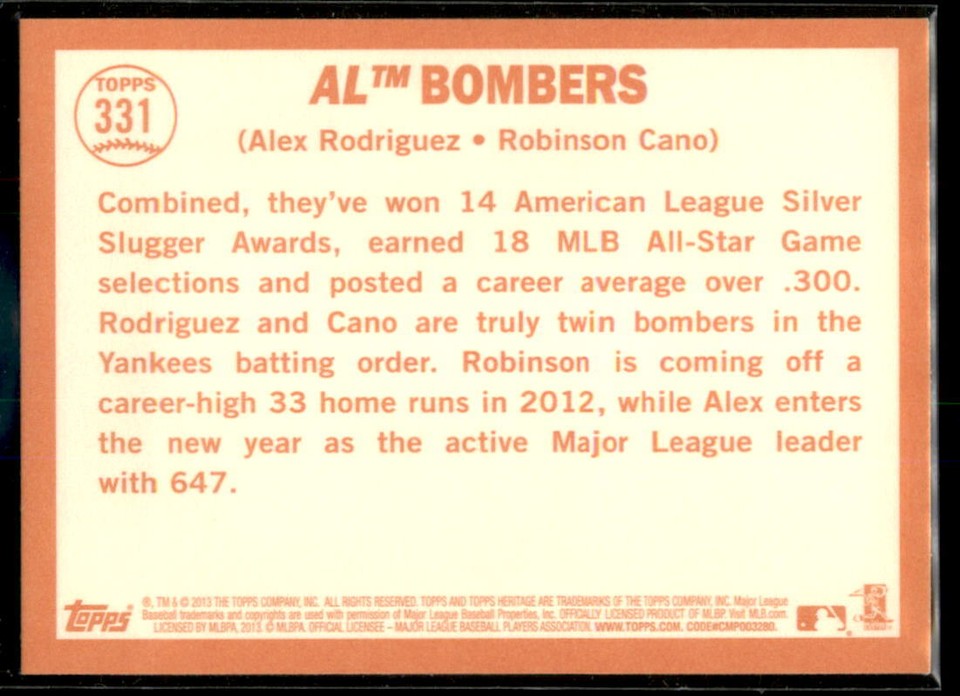 2013 Topps Heritage Alex Rodriguez / Robinson Cano #331 New York ...