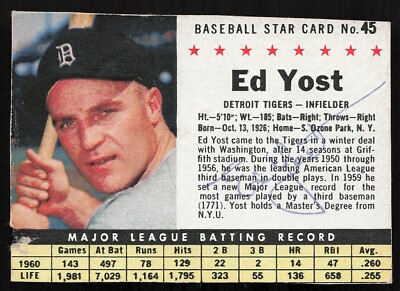 1961 Post Cereal -#45 EDDIE "ED" YOST (Detroit Tigers) *AUTOGRAPHED* d ...