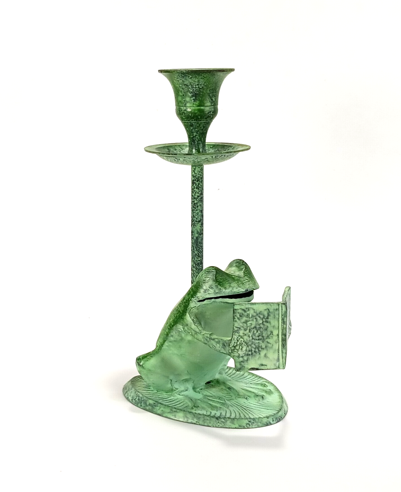 Verdigris Reading Frog Candle Stick Holder Light Green Patina on Lily ...