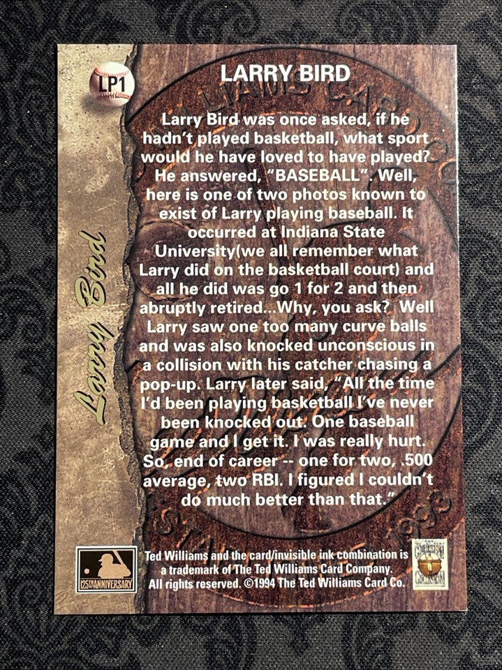 1994 Larry Bird Baseball Card - Ted Williams Card Co Limited Print #LP1 ...