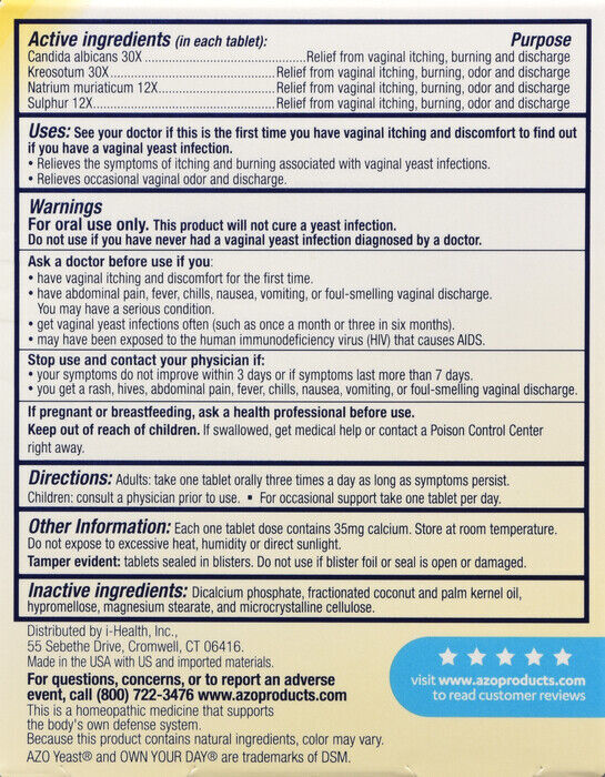 AZO Yeast Plus Dual Relief Itching & Burning Vaginal Symptom Relief 60 ...