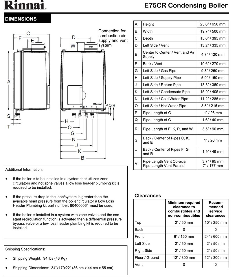 RINNAI Combination Heater Boiler E75CRN, Wall Mounted 75,000 BTU ...