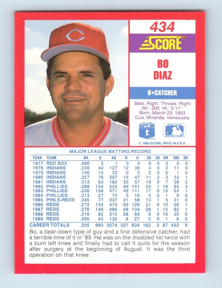1990 Score Bo Diaz Cincinnati Reds #434 | eBay
