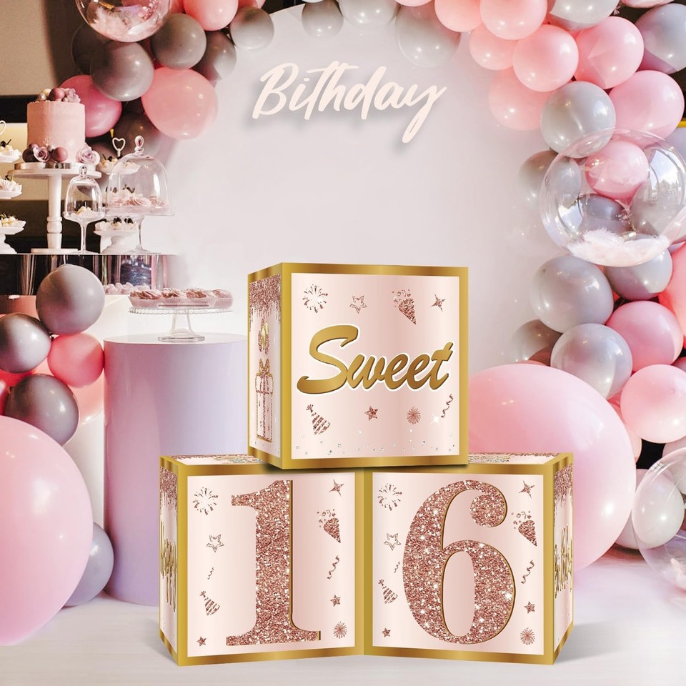 3Pcs 16th Birthday Decorations Boxes for Girls Women, Pink Rose Gold ...