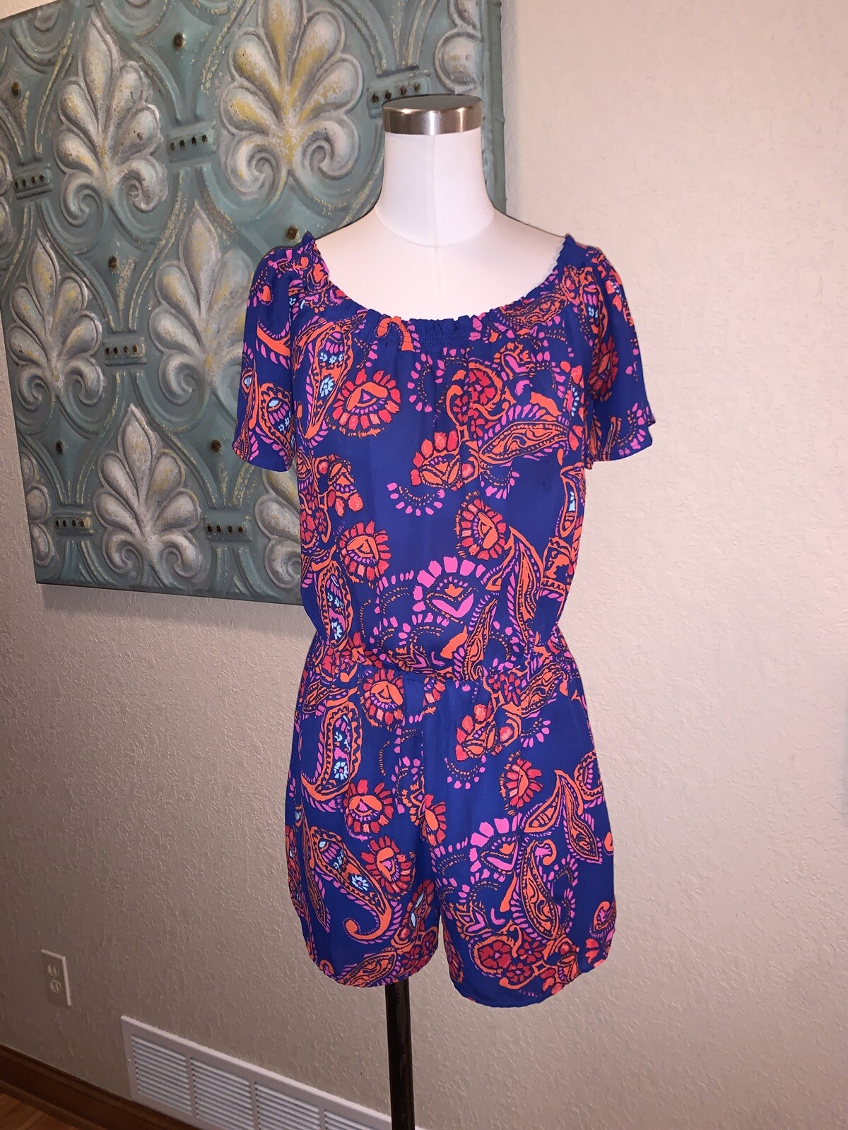 Anthropologie Everly Blue Pink Paisley Romper Off Sho… - Gem