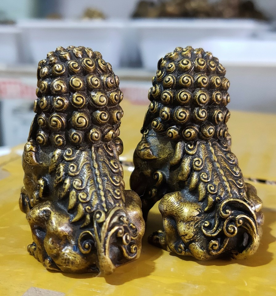 2.8cm Antique Bronze mini Fu Foo Dog lion Statue old Archaic guard ...