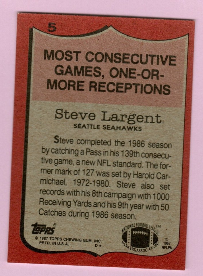 1987 Topps Football #5 Record Breaker Steve Largent Seattle Seahawks | eBay