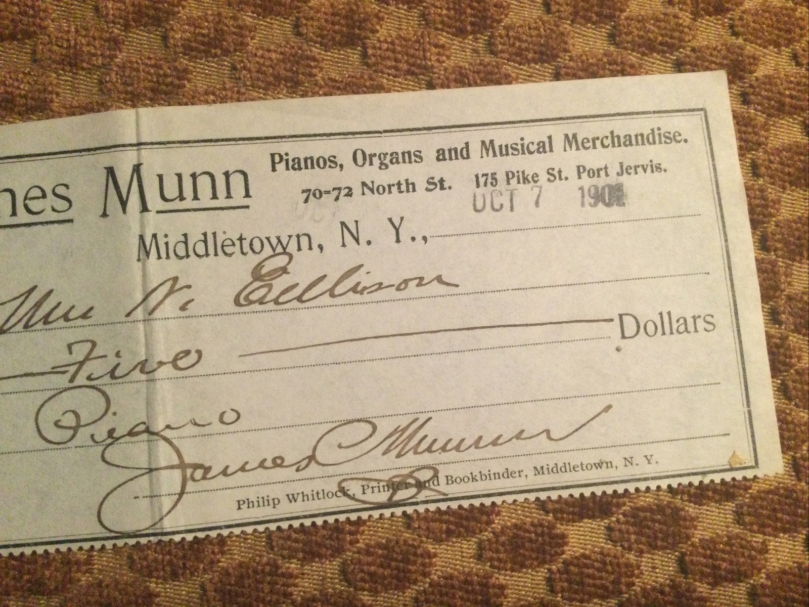 James Munn Signed Receipt Munn Pianos Organs Middletown Oswego Walton ...