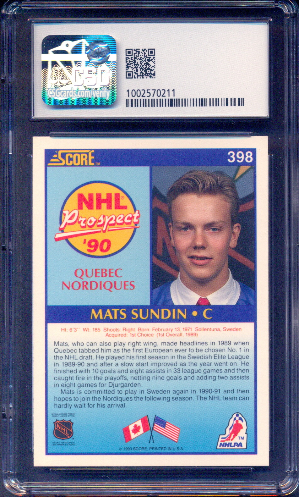 1990 SCORE NHL 398 Mats Sundin Rookie Graded CSG 9 MINT Nordiques Maple ...