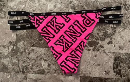 NWT VICTORIA'S SECRET PINK M NEON PINK BLACK LOGO STRAPPY RARE THONG ...