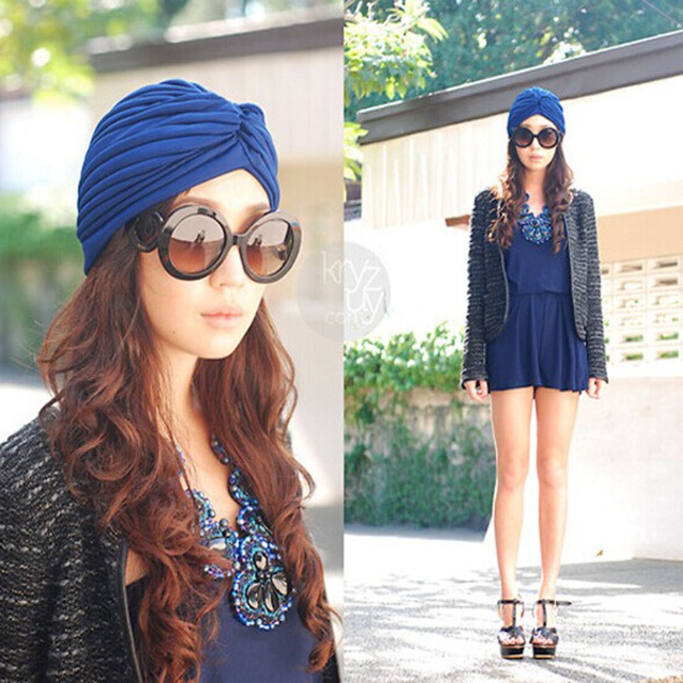 Plain Stretchy Ladies Chemo Turban Indian Cloche Trendy Fashion Pleated ...