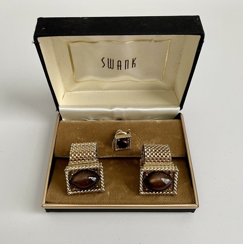 Vintage Swank Gold Toned with Brown Stone Cuff Links and Tie Tack | eBay
