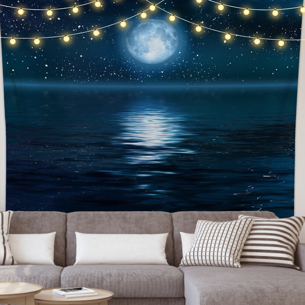 AU Seaside Moon Polyester Printing Tapestry Washable for Room Decor ...